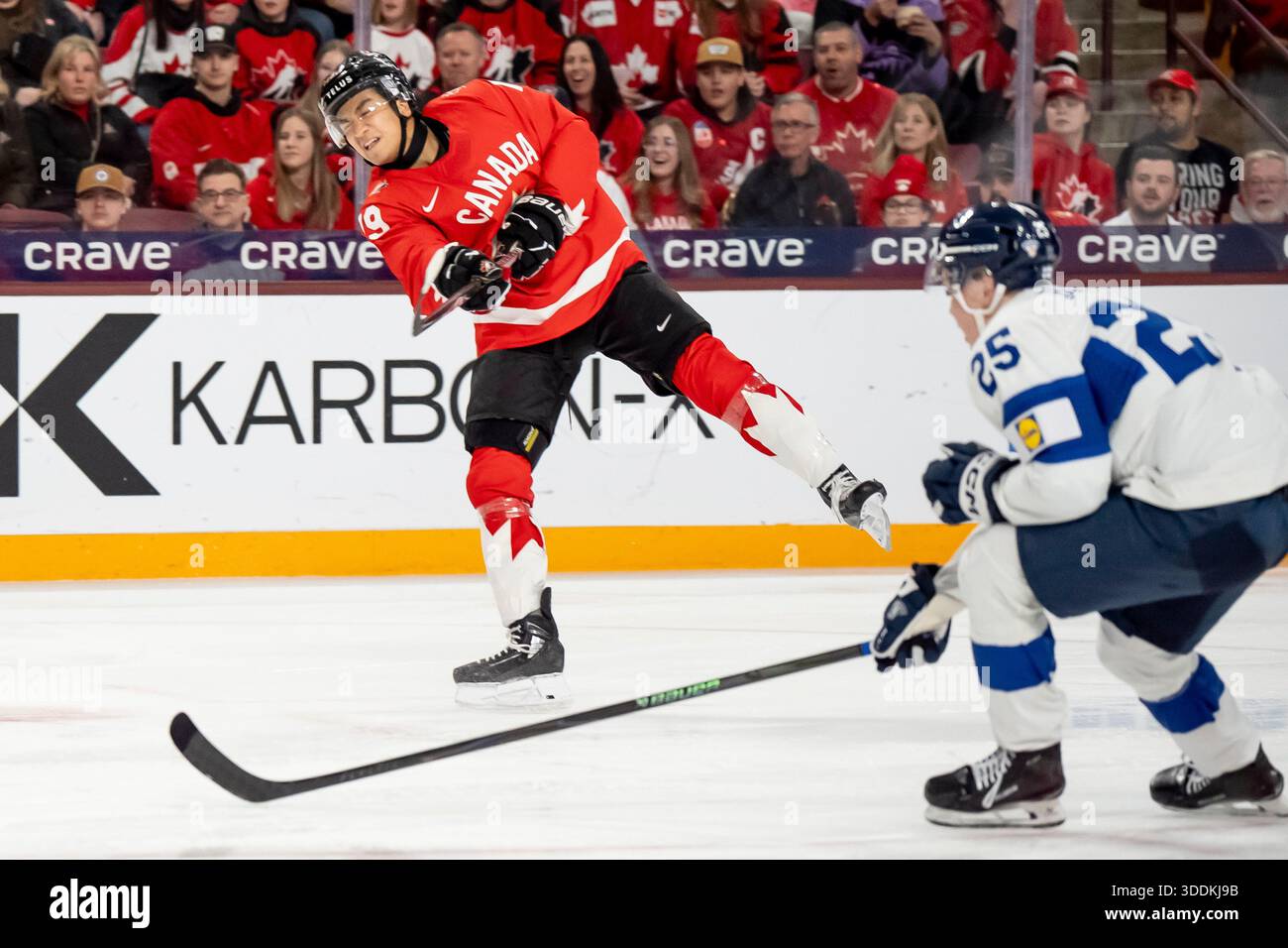 Canadian defenceman Zayne Parekh (19) scores against Finland at the ...