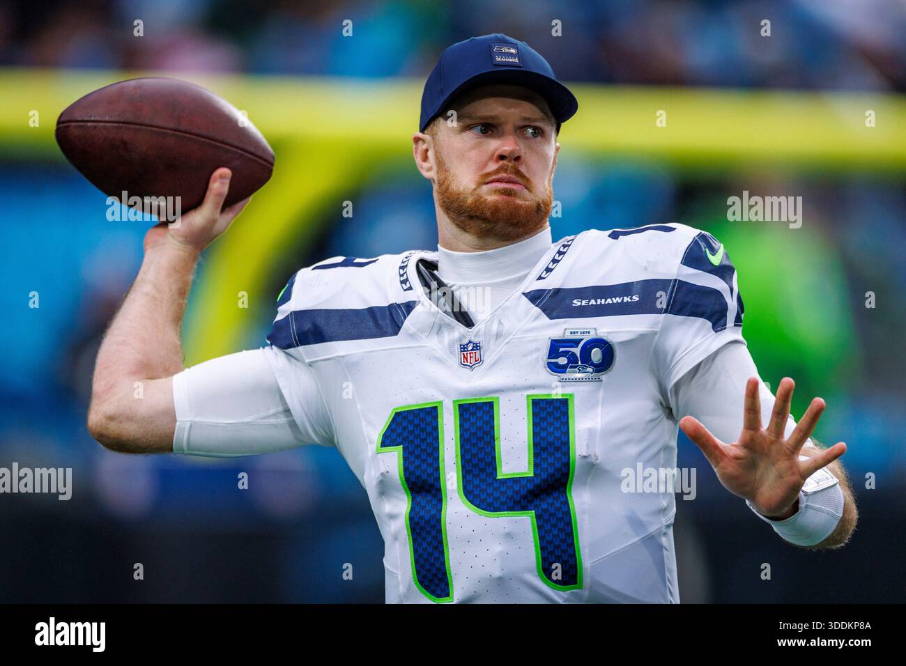 Seattle Seahawks quarterback Sam Darnold (14) warms up before the ...