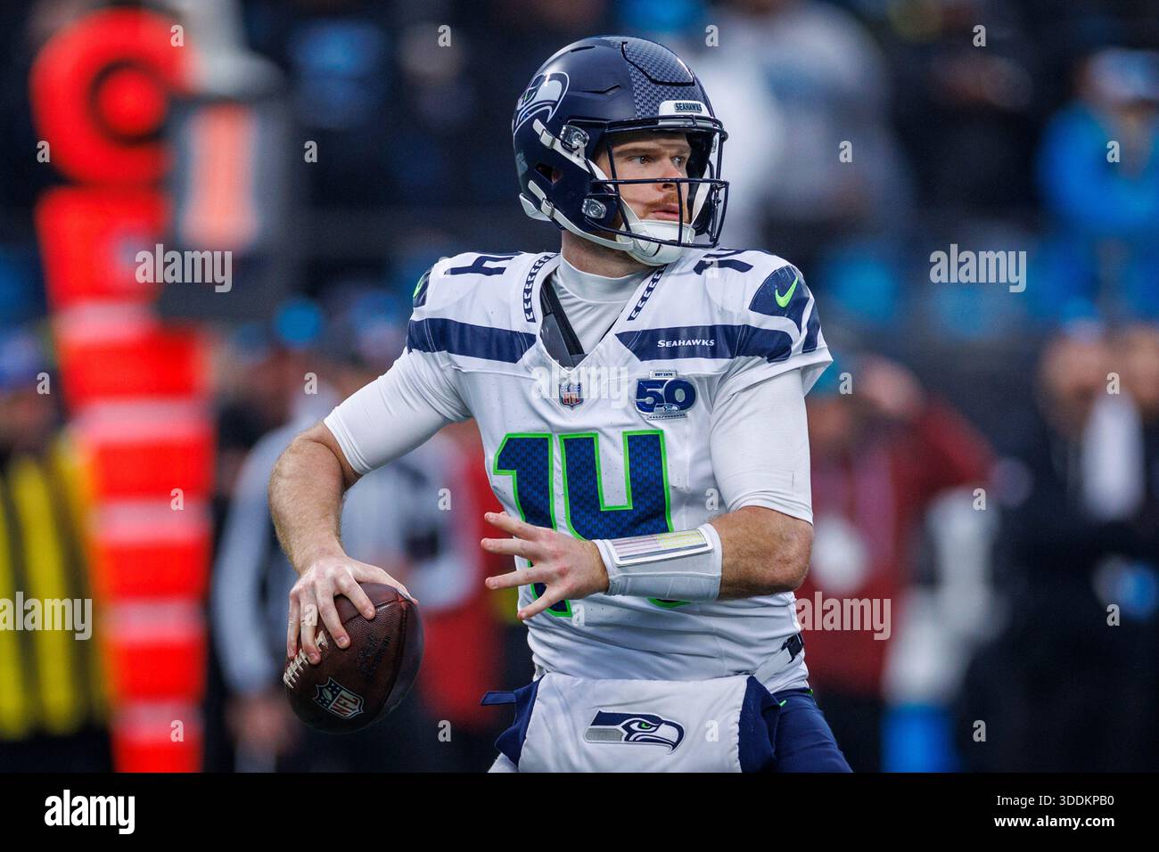 Seattle Seahawks quarterback Sam Darnold (14) looks to pass during an ...