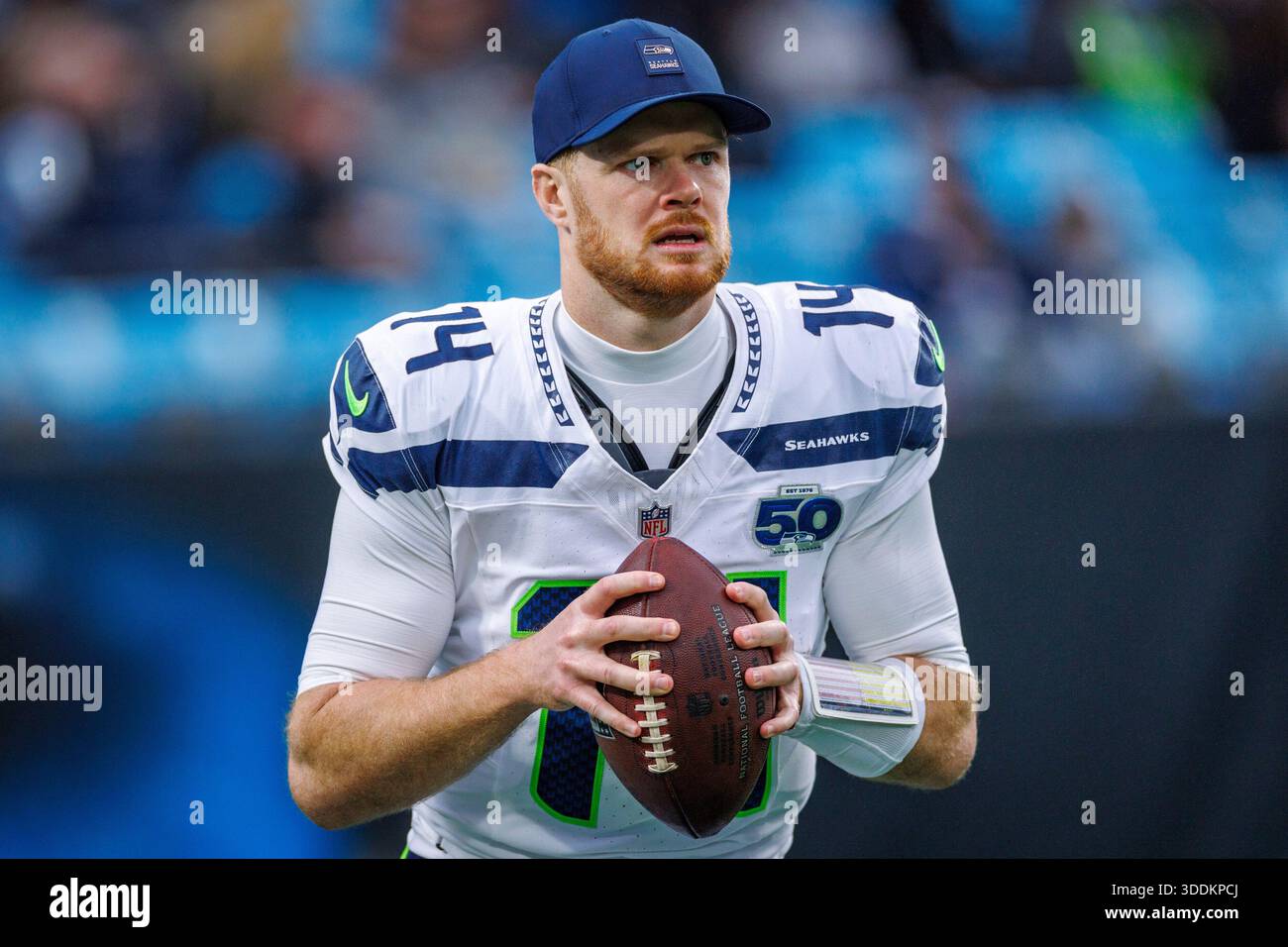 Seattle Seahawks quarterback Sam Darnold (14) warms up before the ...