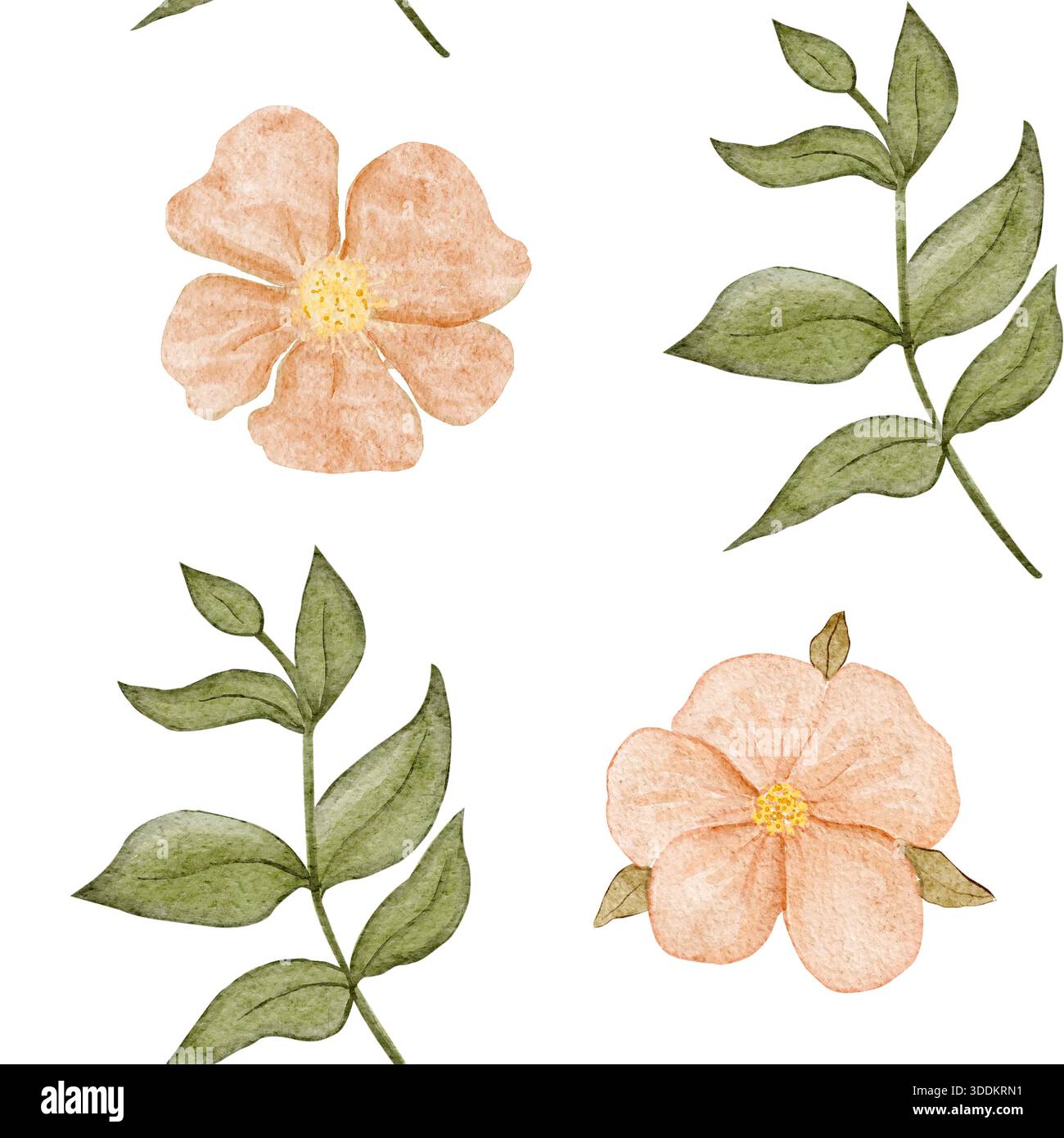 Flower with green leafy branch hand-painted seamless watercolor pattern ...