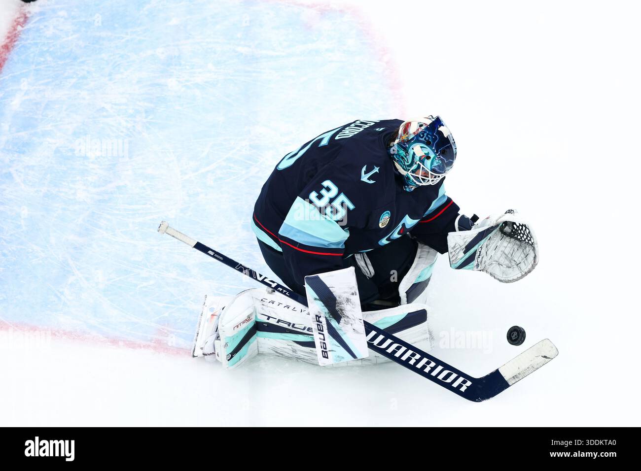 Seattle Kraken goalie Joey Daccord (35) warms up prior to facing the ...