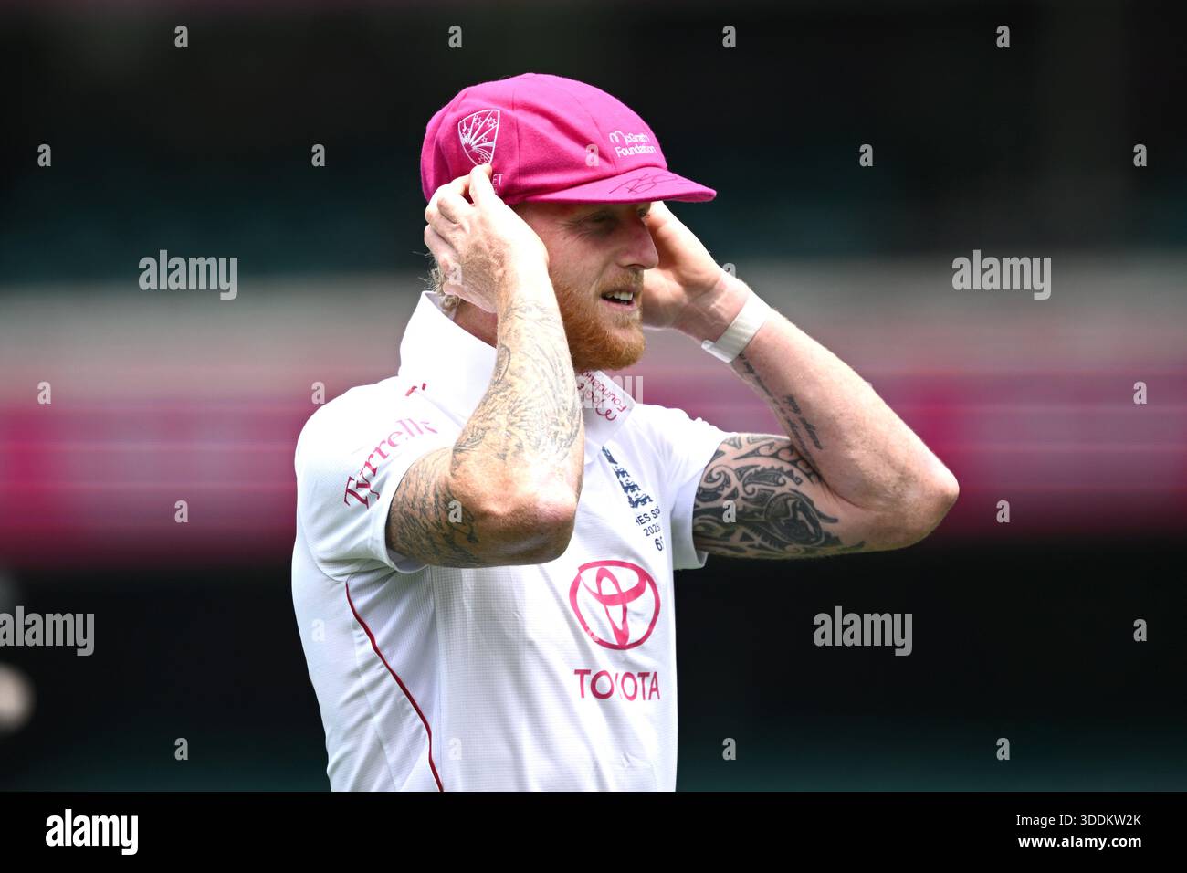 Ben Stokes wears the McGrath Foundation baggy pink hat ahead of an ...