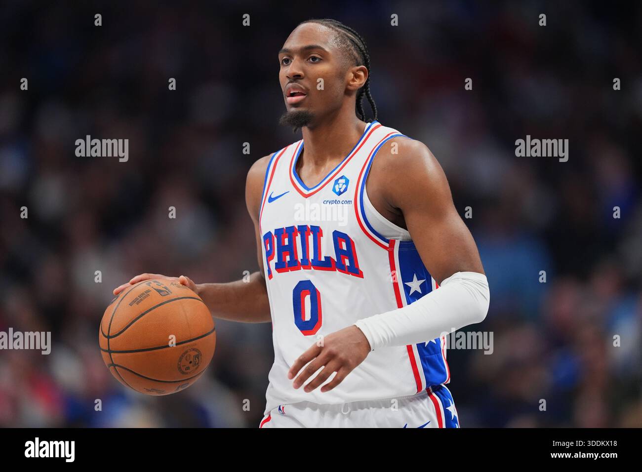 Philadelphia 76ers guard Tyrese Maxey dribbles the ball up court ...