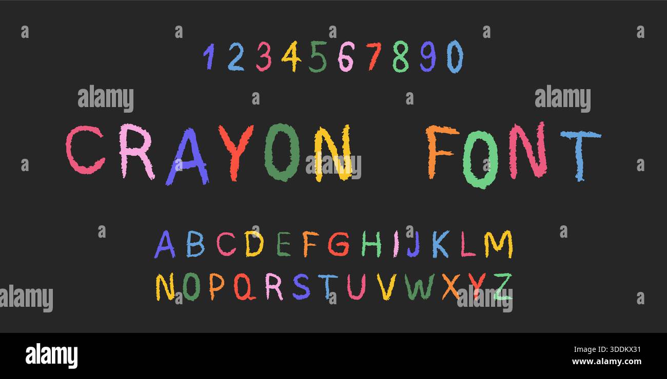 English alphabet crayon. Colorful wax ABC with playful pen doodles ...