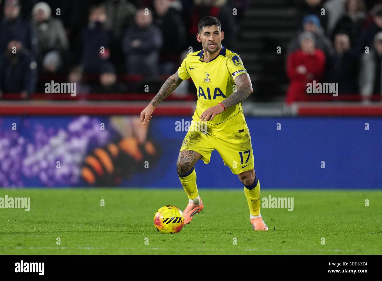 Cristian Romero of Tottenham Hotspur on the ball during the Premier ...