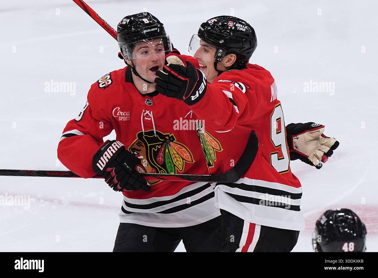 Chicago Blackhawks right wing Ilya Mikheyev celebrates with center Ryan ...