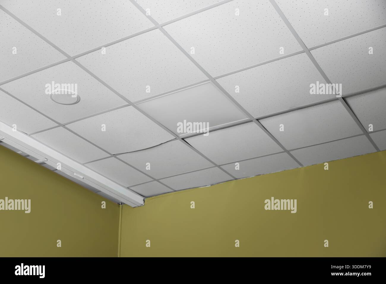 Tiled ceiling with lighting and ventilation indoors, low angle view ...