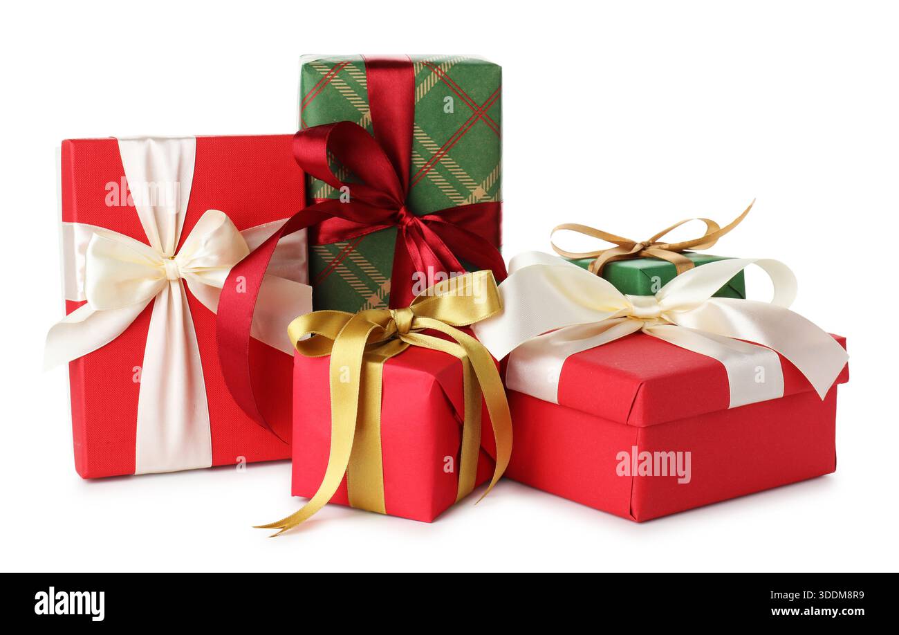 Many beautiful Christmas gift boxes isolated on white Stock Photo - Alamy