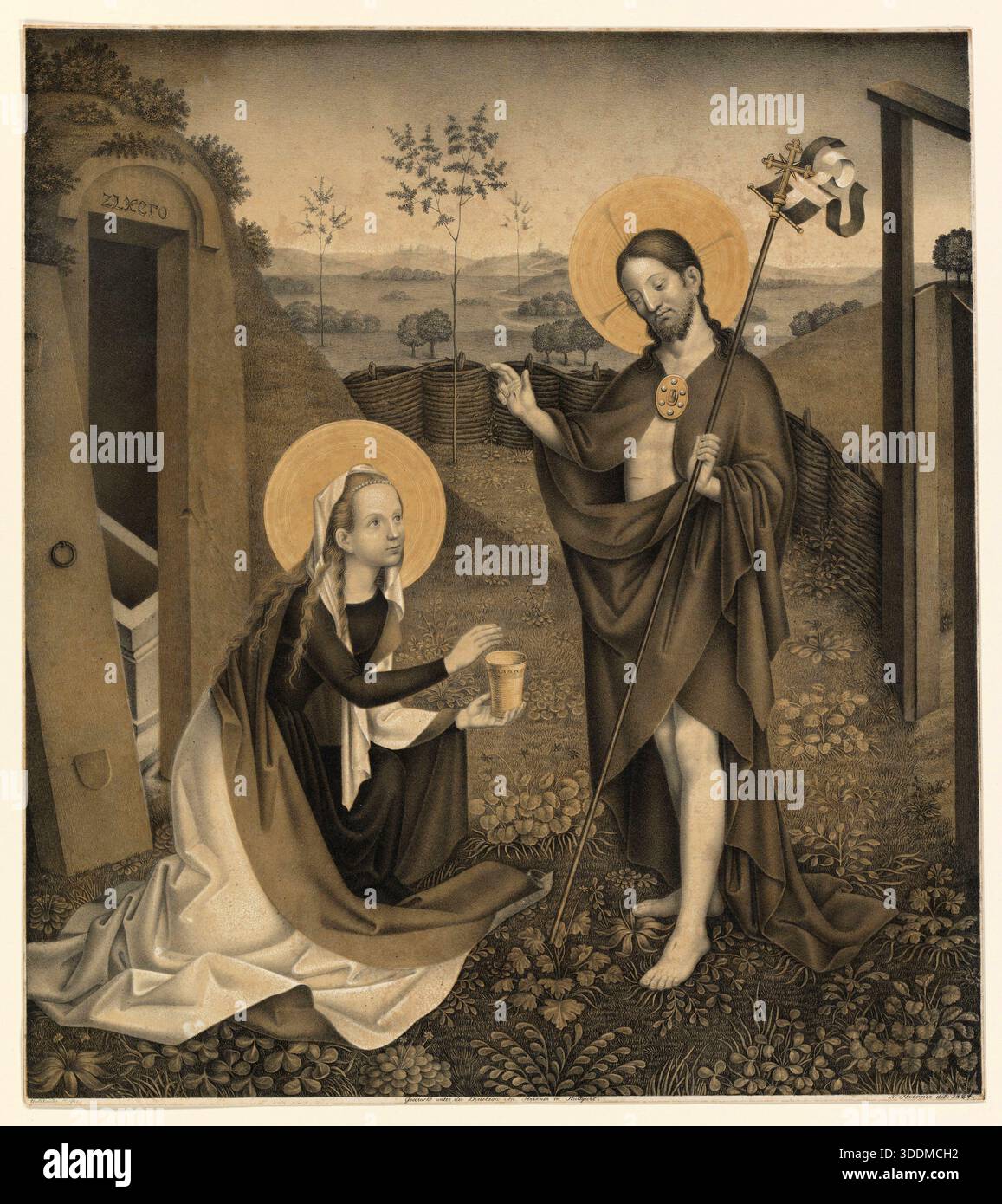 Jesus Christ and Mary Magdalene in an enclosed garden, figures from ...