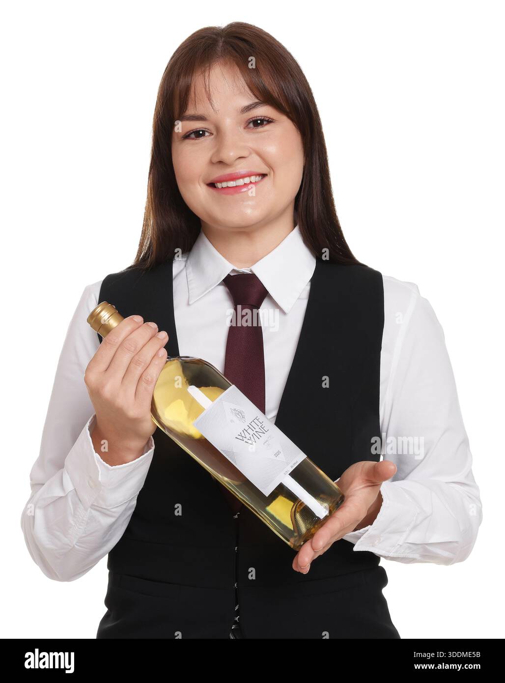 Professional sommelier with bottle of wine on white background Stock ...