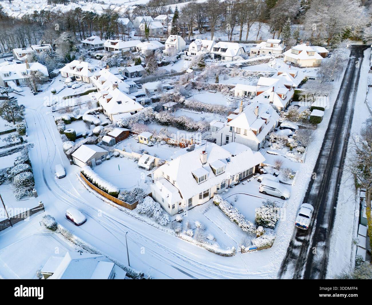 2nd January 2026. Snow covered houses and roads in Cults Aberdeen ...