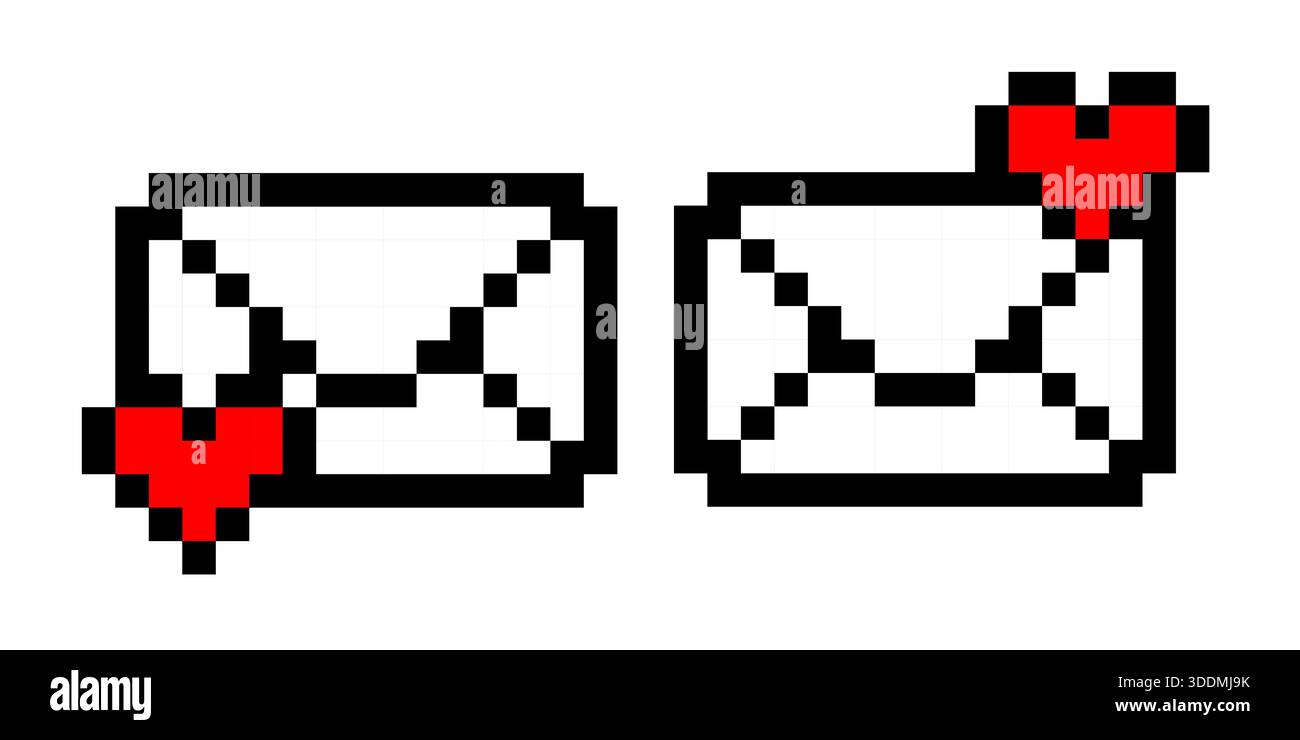 Digital pixel love letter envelope with red heart in vintage videogame ...