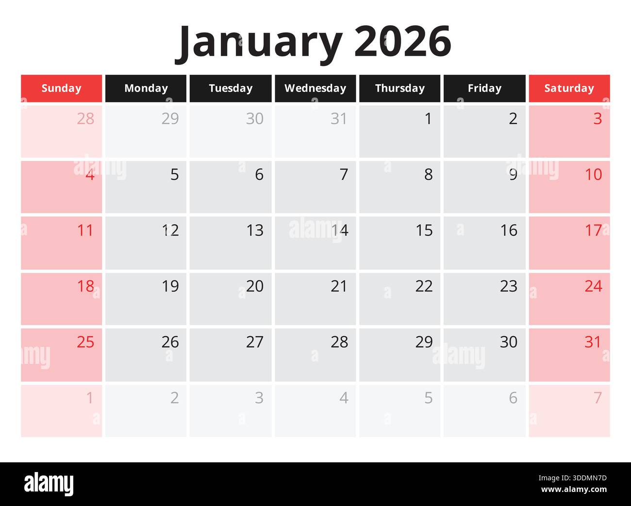2026 january calendar. Vector English monthly page calendar. Design ...