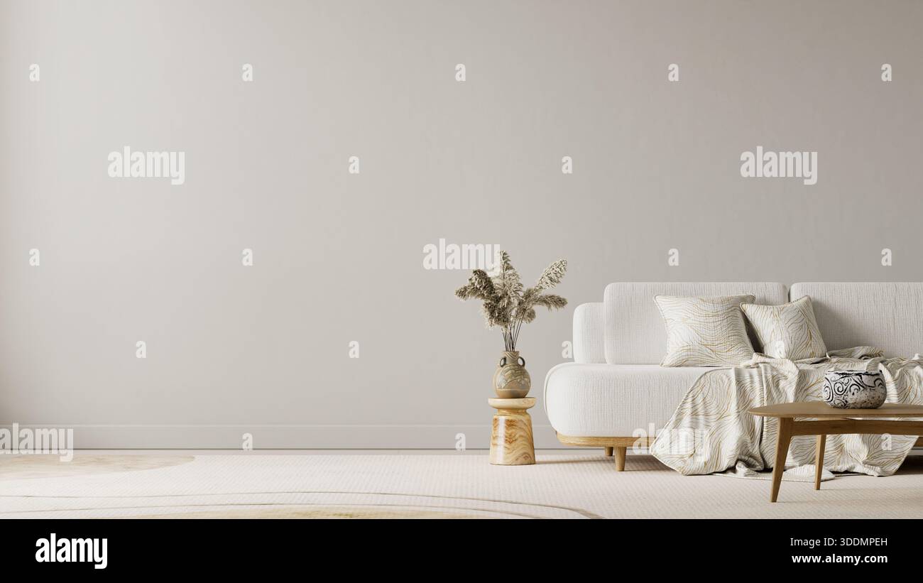 Japandi seating area with warm wood textures and an uncluttered wall ...