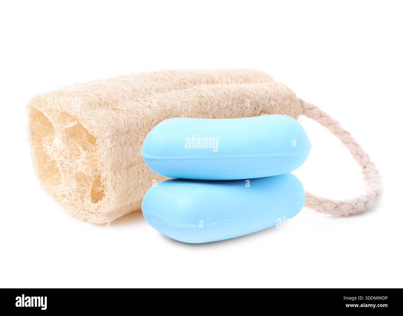 Loofah sponge and soap bars isolated on white Stock Photo - Alamy