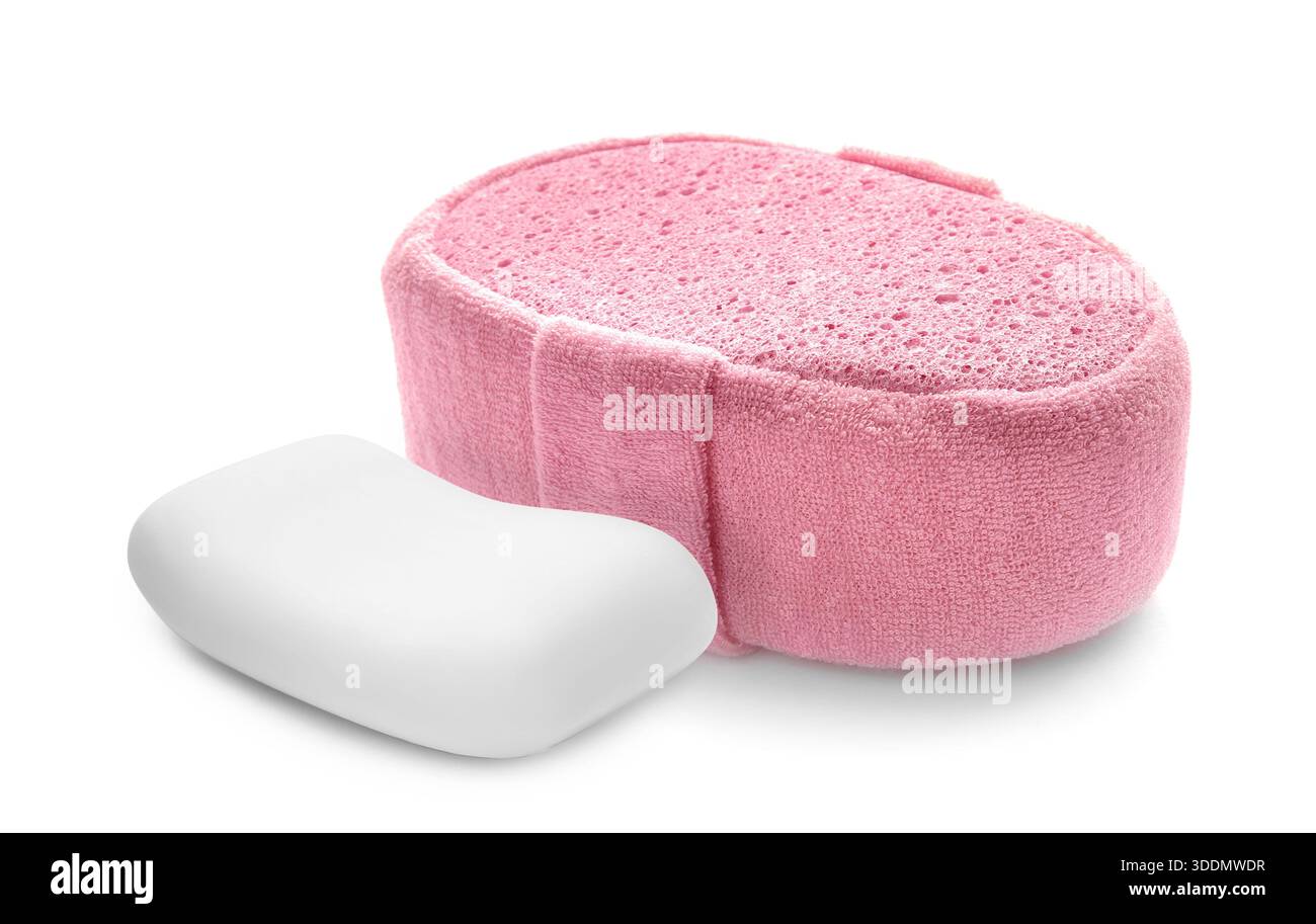 Pink sponge and soap bar isolated on white Stock Photo - Alamy