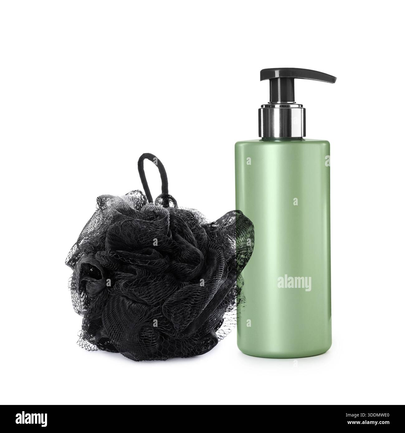 Black mesh sponge and bottle of shower gel isolated on white Stock ...