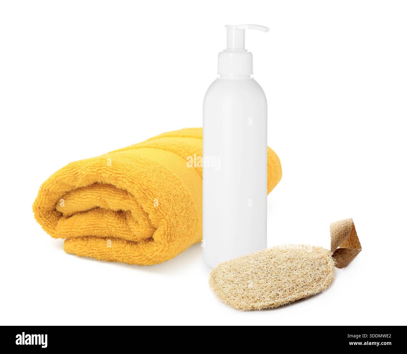 Sponge, towel and bottle of shower gel isolated on white Stock Photo ...