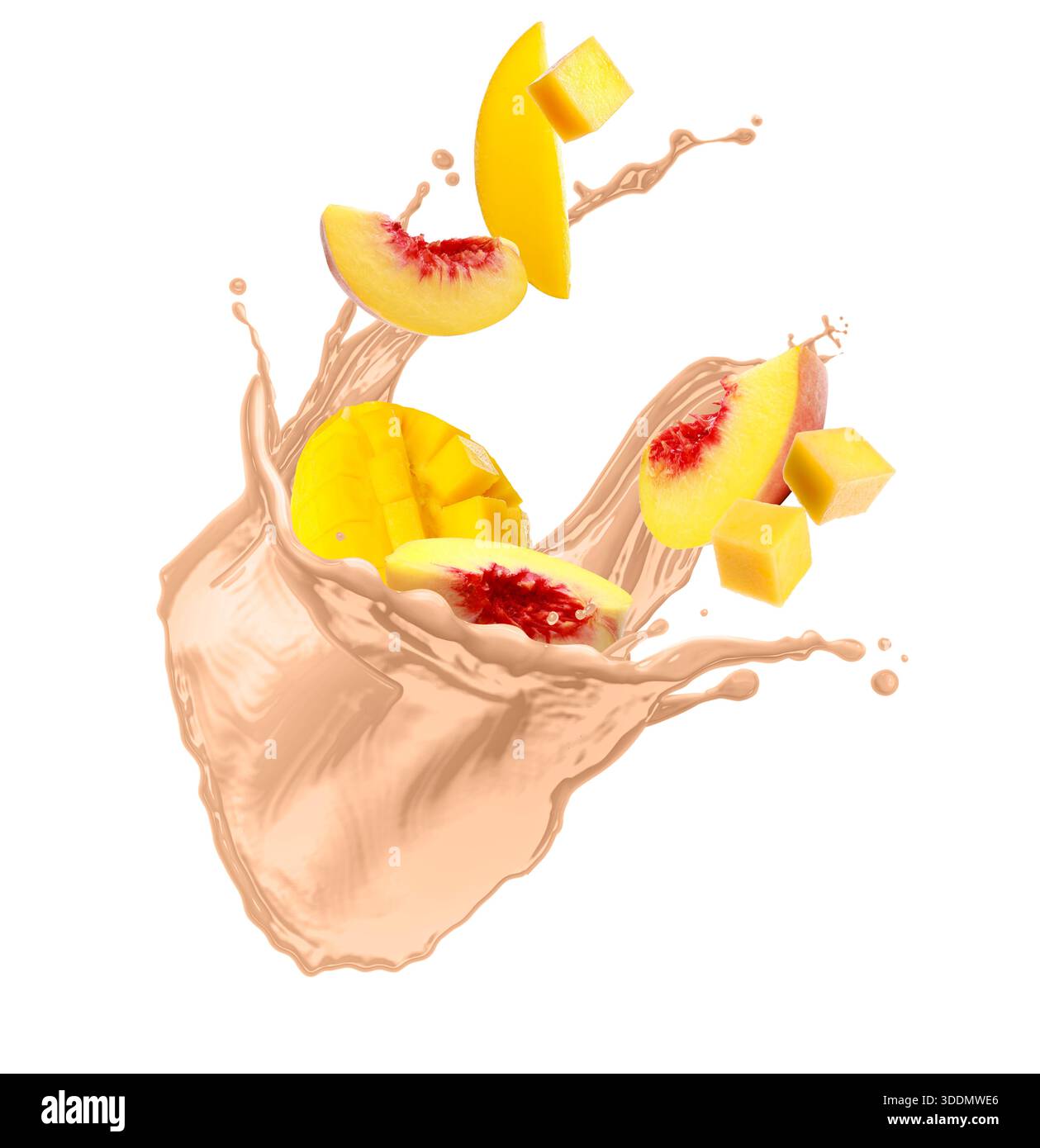 Milk shake splash, peach pieces and mango in air on white background ...