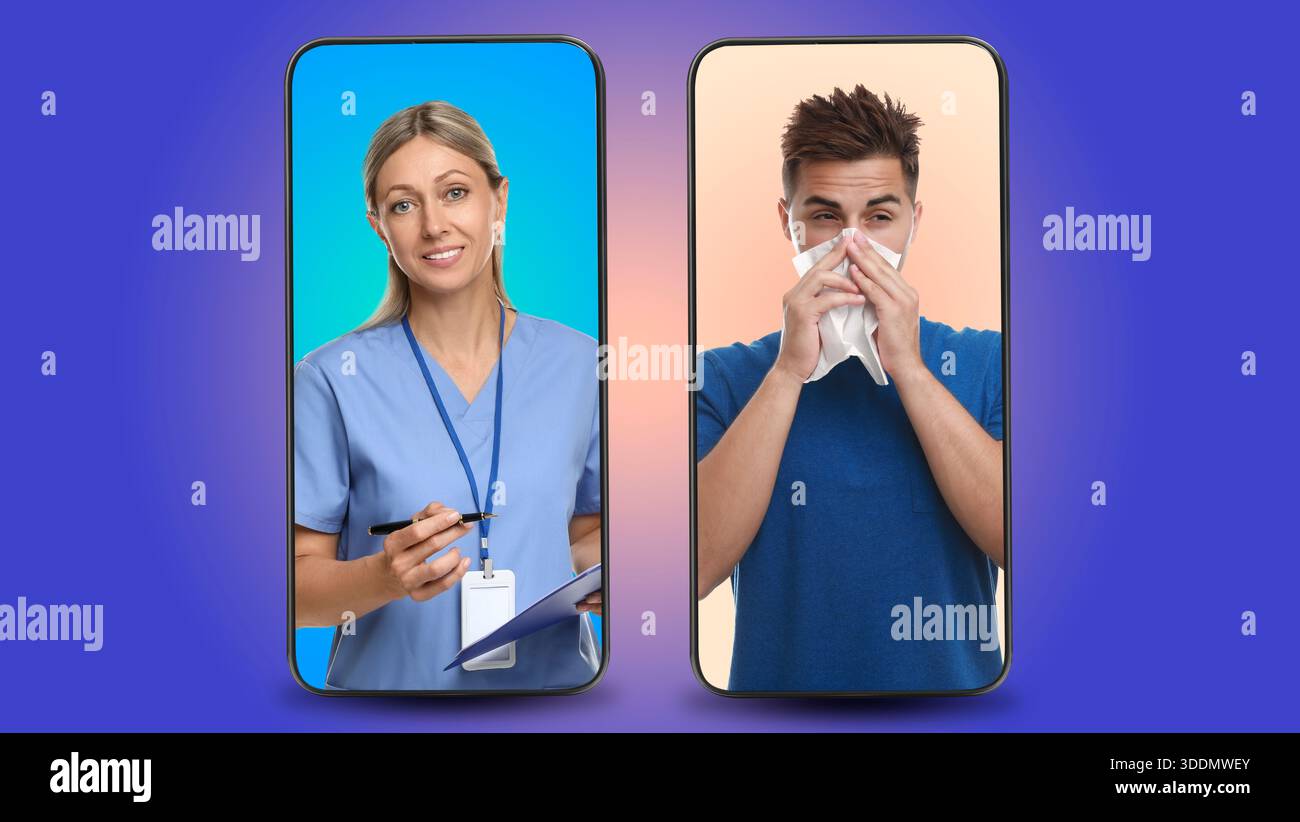 Online doctor. Ill man and healthcare worker in mobile phones against ...