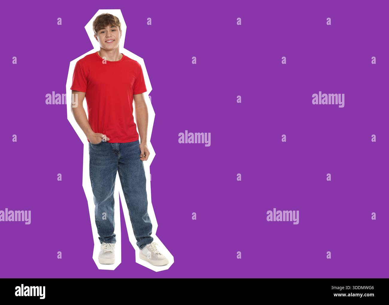 Portrait of teen boy posing on purple background, space for text. White ...