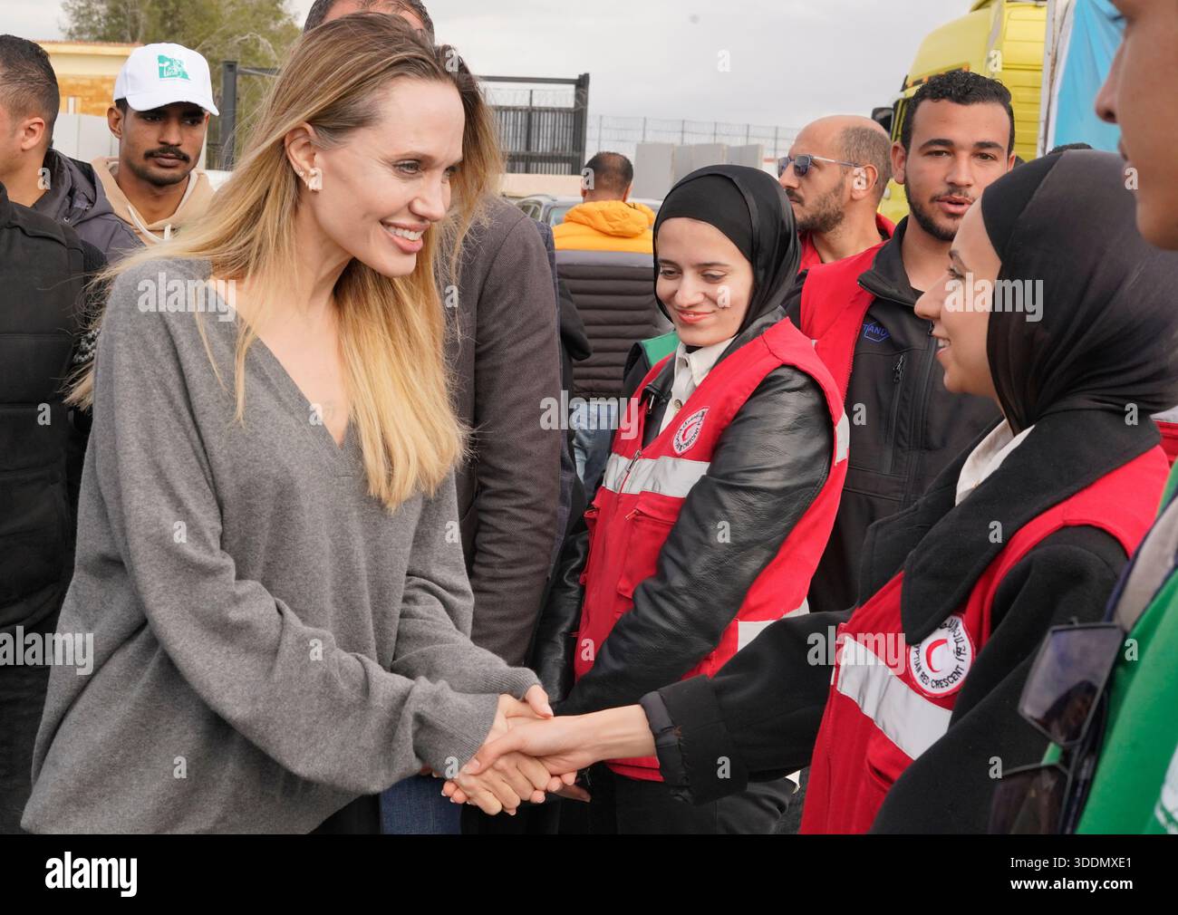American actor and film producer Angelina Jolie, front left, greets Red ...