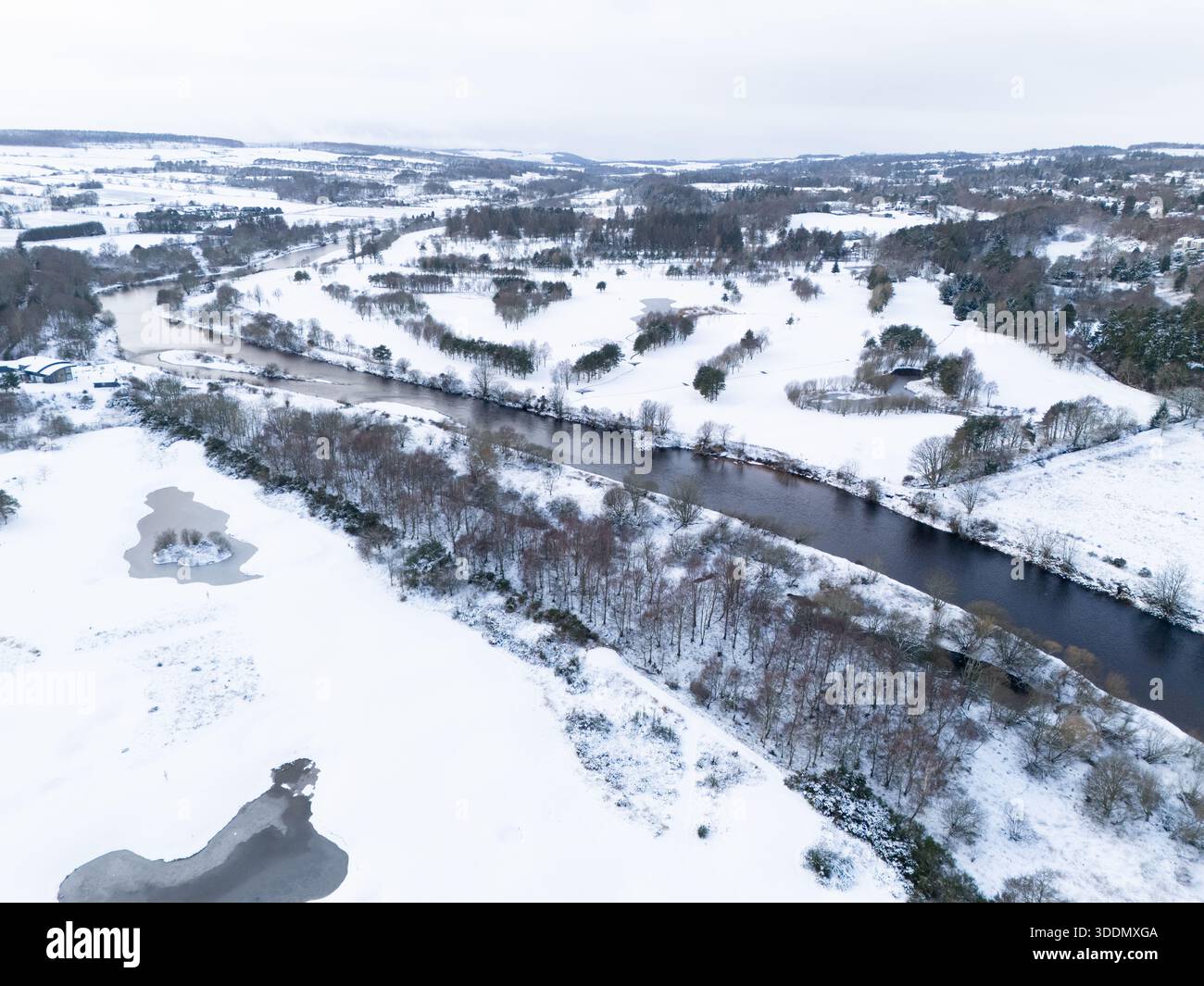 Snow covered fields ang golf course in Cults Aberdeen Scotland Jan 2 ...