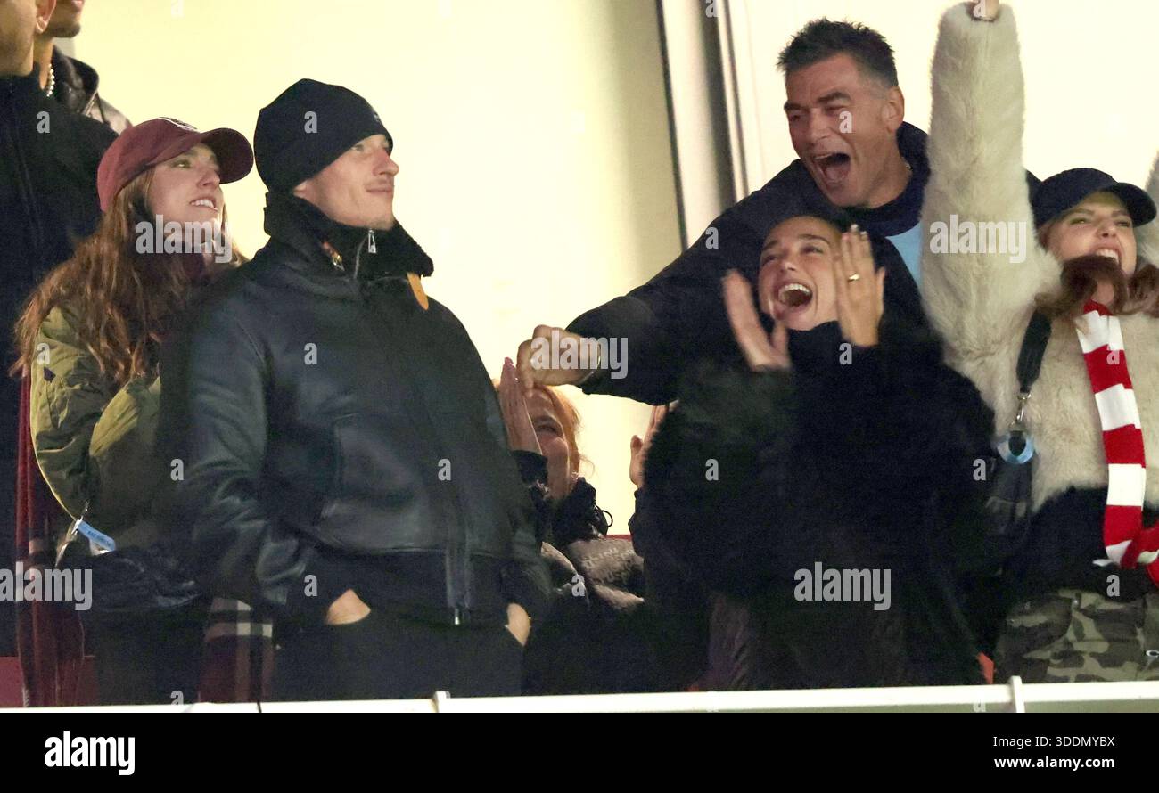 Dua Lipa and Callum Turner at the Arsenal v Aston Villa EPL match, at ...