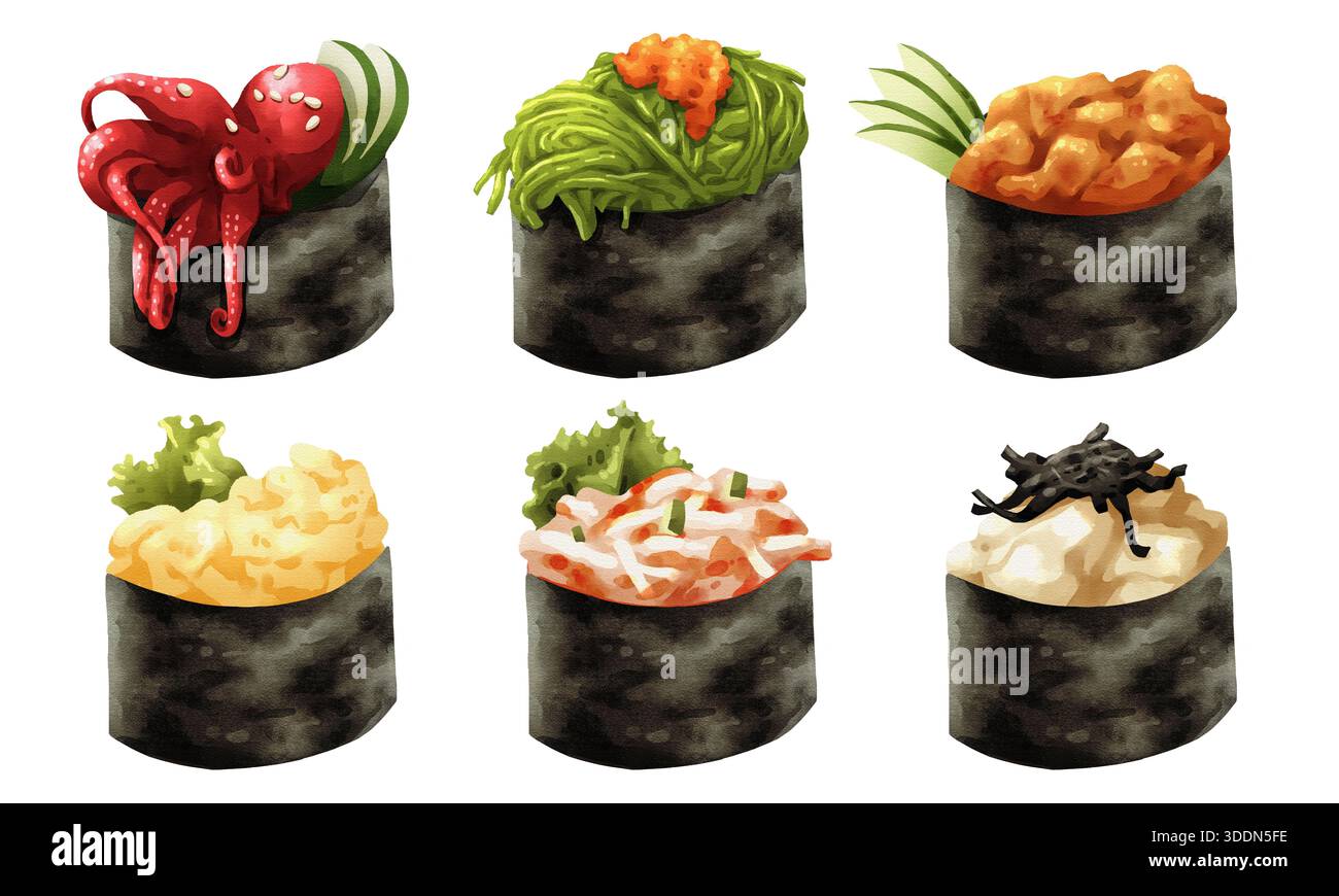 Premium realistic hand-drawn watercolor illustration set of Japanese ...