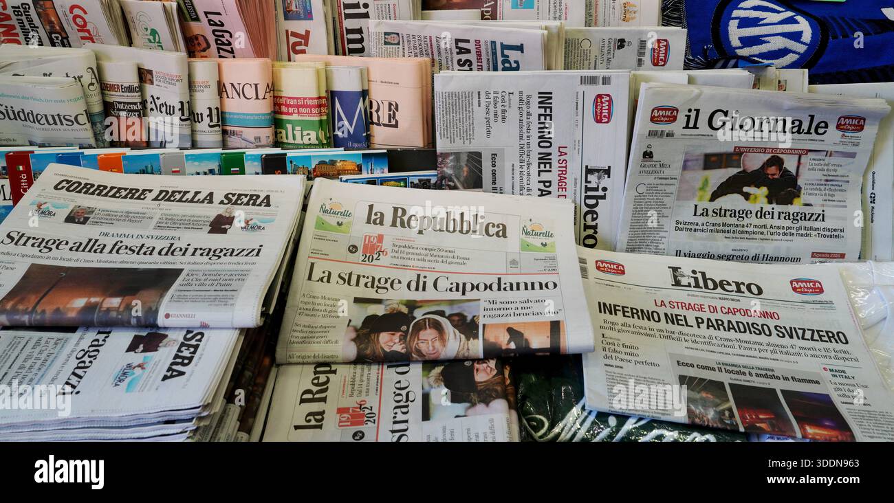 Milan, Front pages of Italian and foreign newspapers with the news of ...