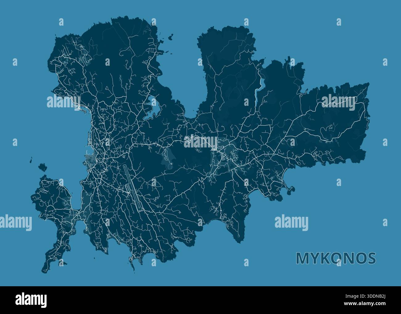 map of Mykonos Island, Greece, set against a teal background. The ...