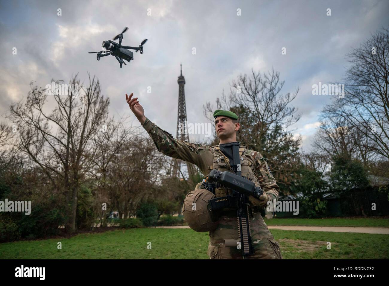 This photo shows a French army drone pilot during a Sentinelle mission ...