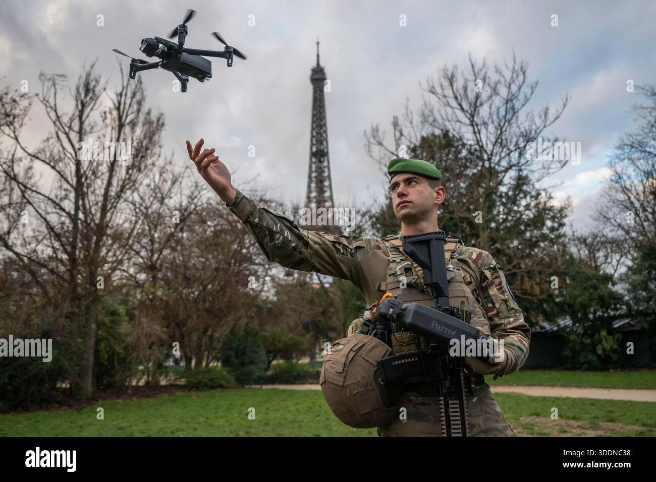 This photo shows a French army drone pilot during a Sentinelle mission ...