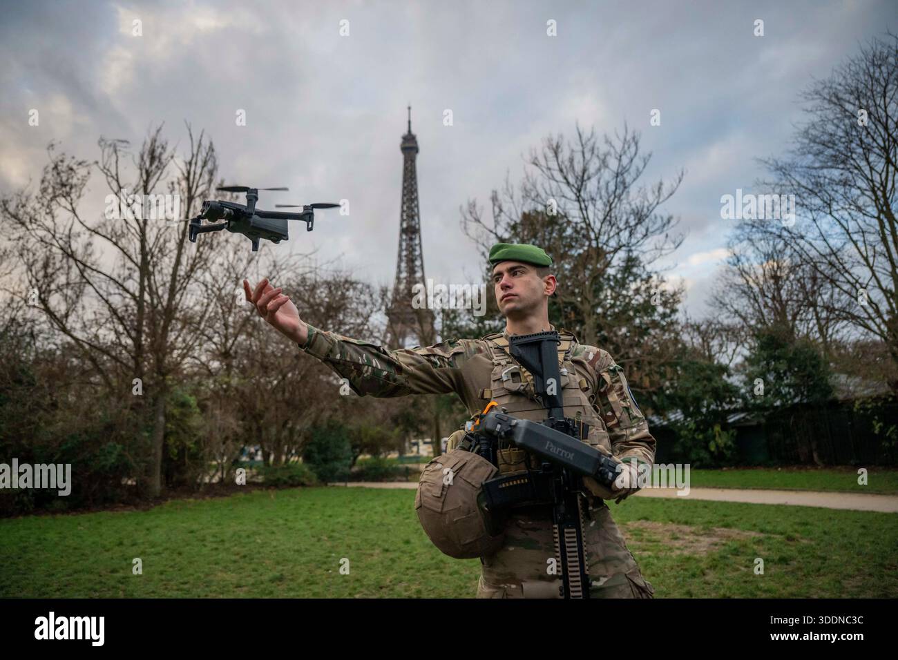 This photo shows a French army drone pilot during a Sentinelle mission ...