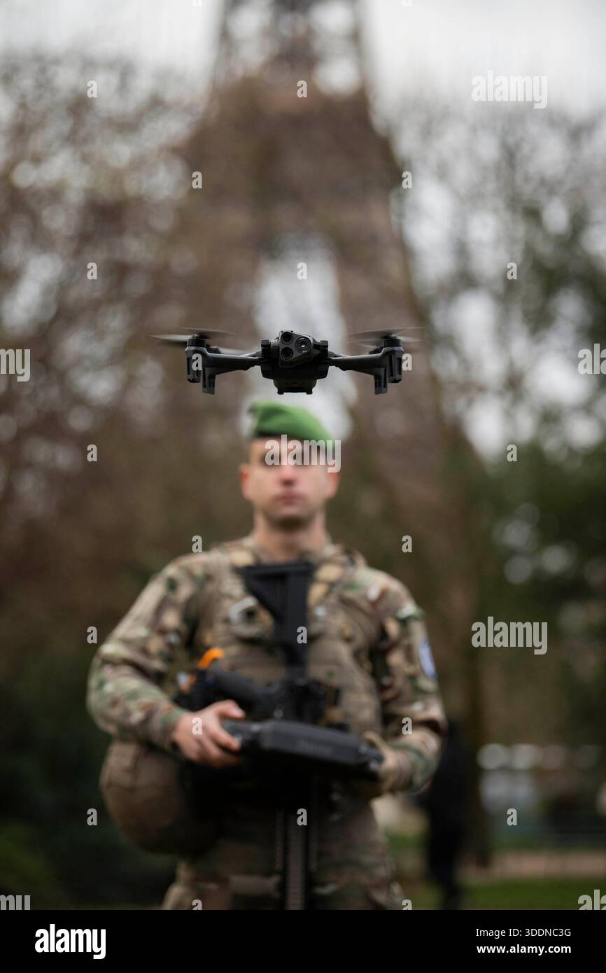 This photo shows a French army drone pilot during a Sentinelle mission ...