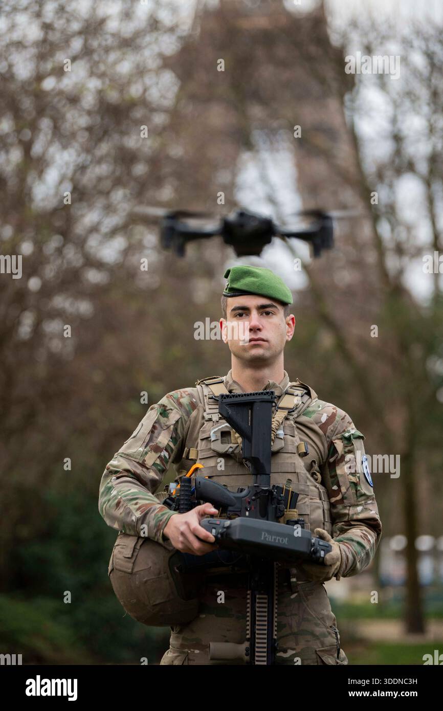This photo shows a French army drone pilot during a Sentinelle mission ...