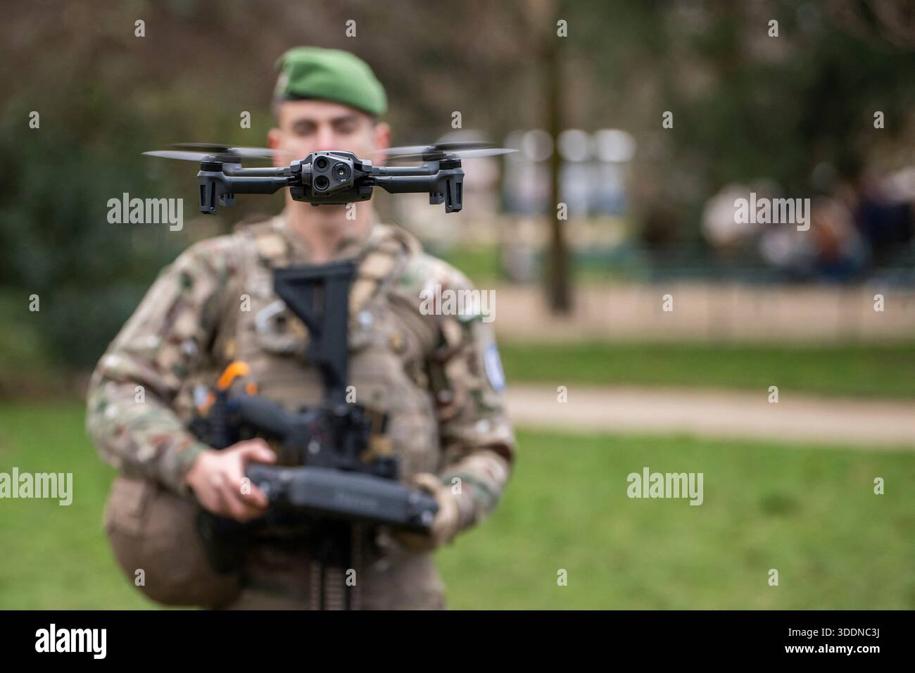 This photo shows a French army drone pilot during a Sentinelle mission ...