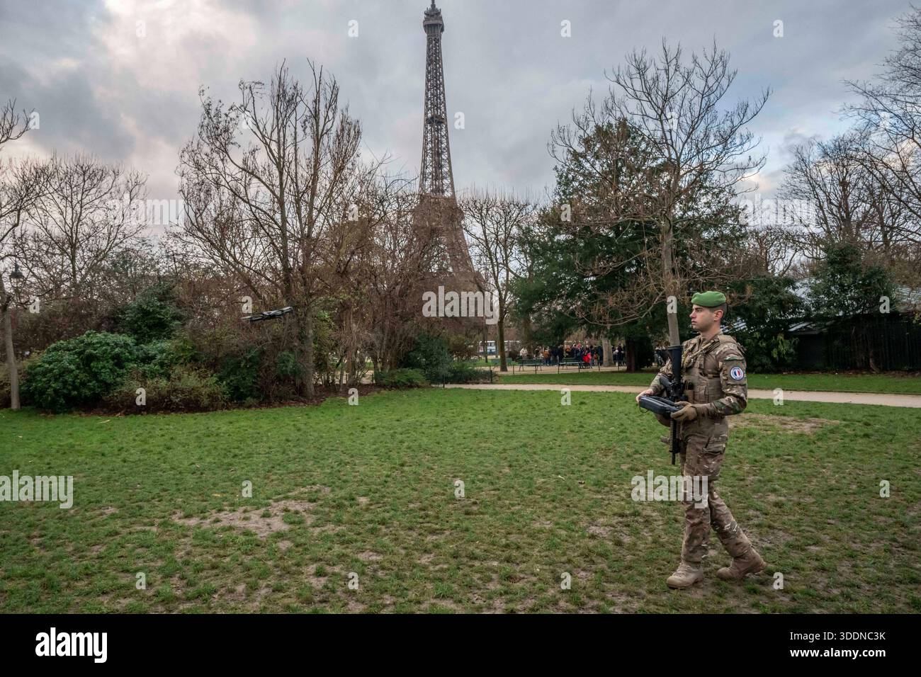 This photo shows a French army drone pilot during a Sentinelle mission ...