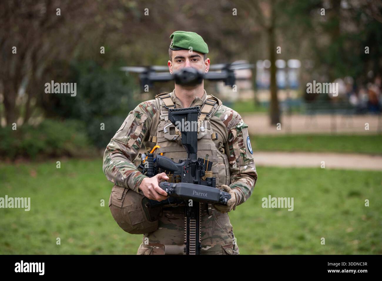 This photo shows a French army drone pilot during a Sentinelle mission ...