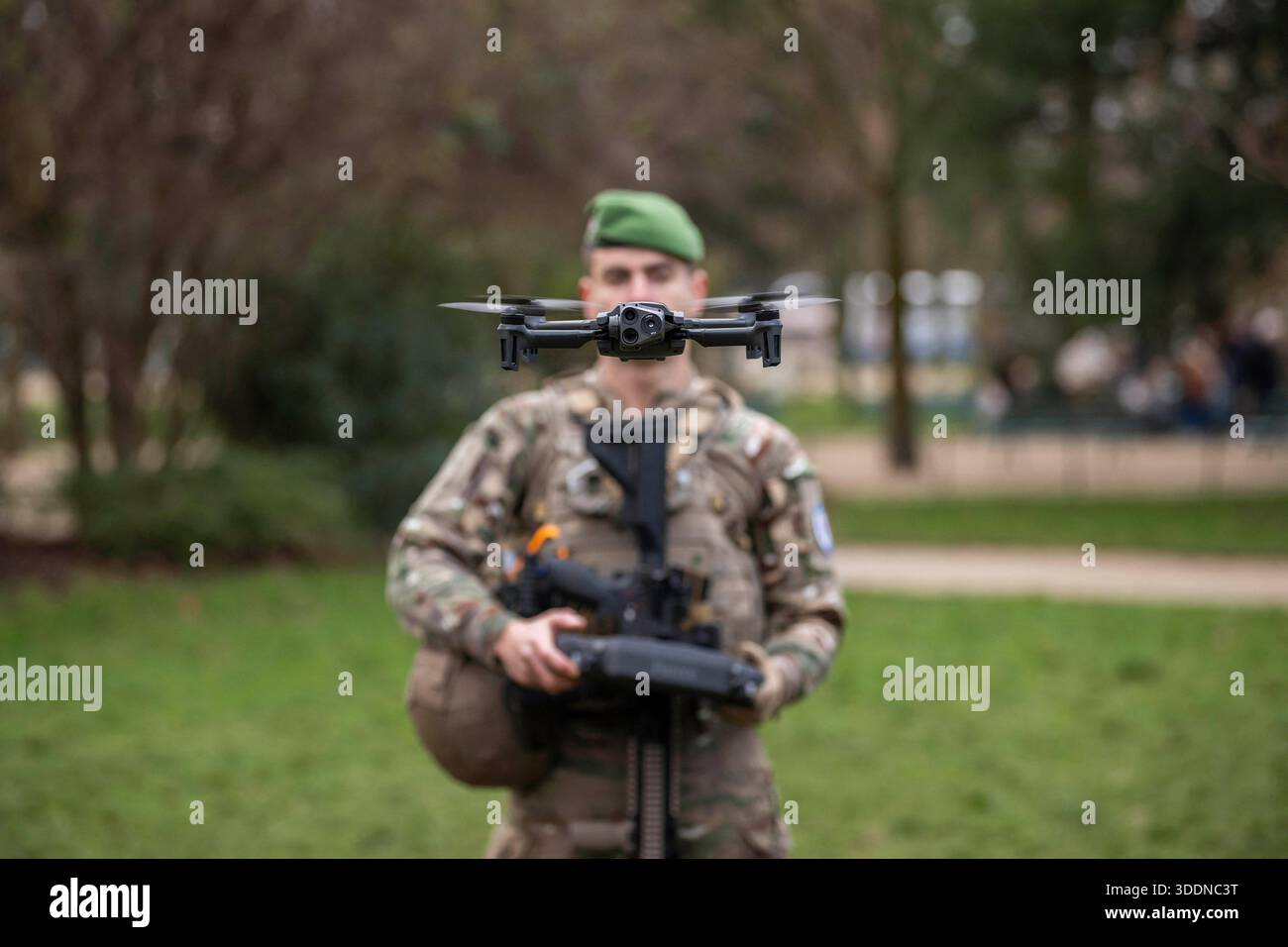 This photo shows a French army drone pilot during a Sentinelle mission ...