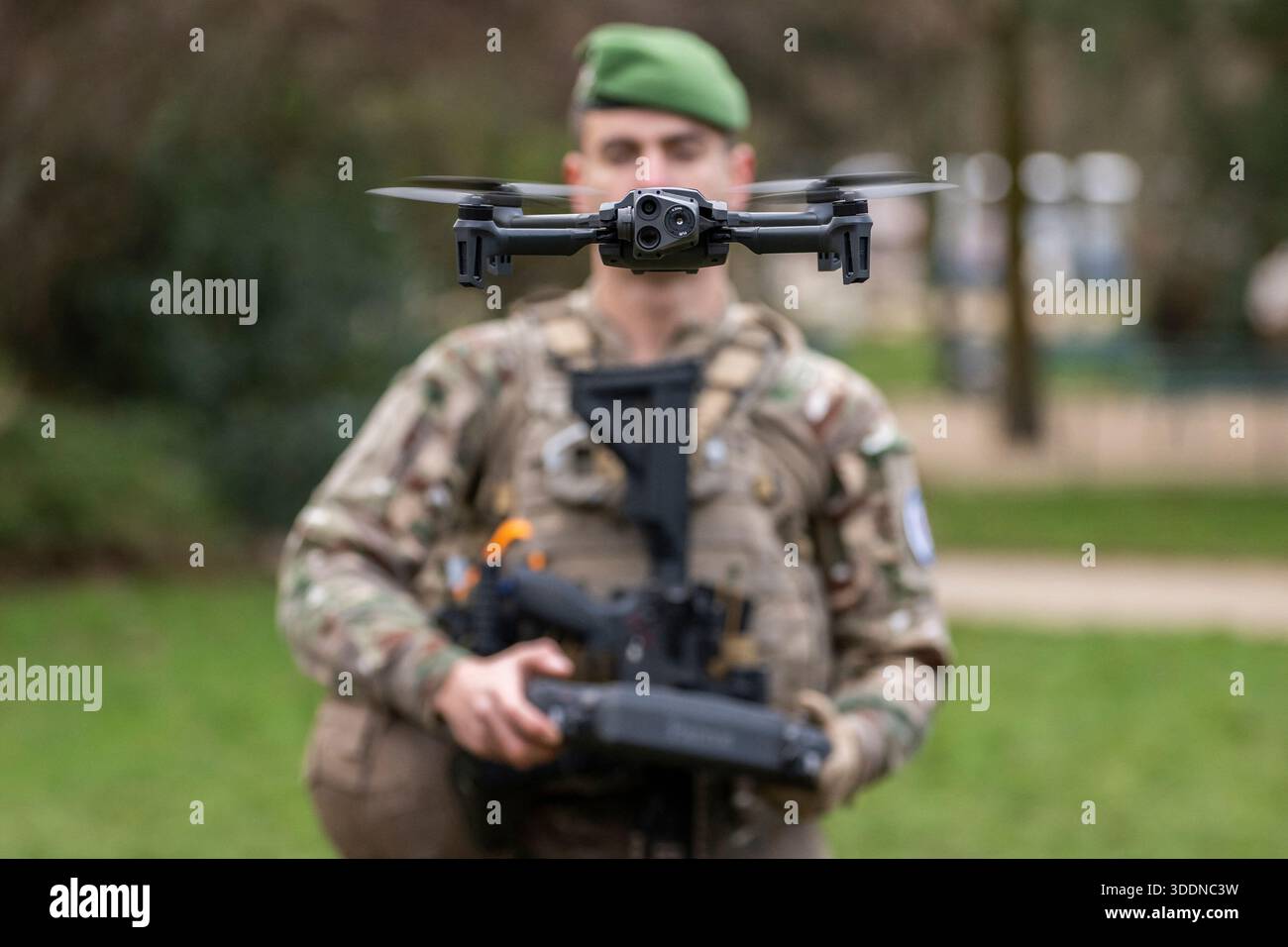 This photo shows a French army drone pilot during a Sentinelle mission ...