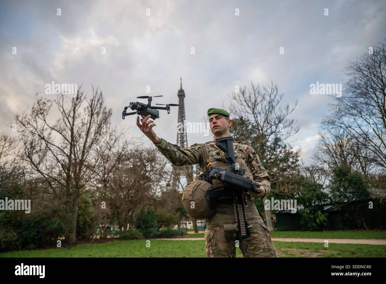 This photo shows a French army drone pilot during a Sentinelle mission ...