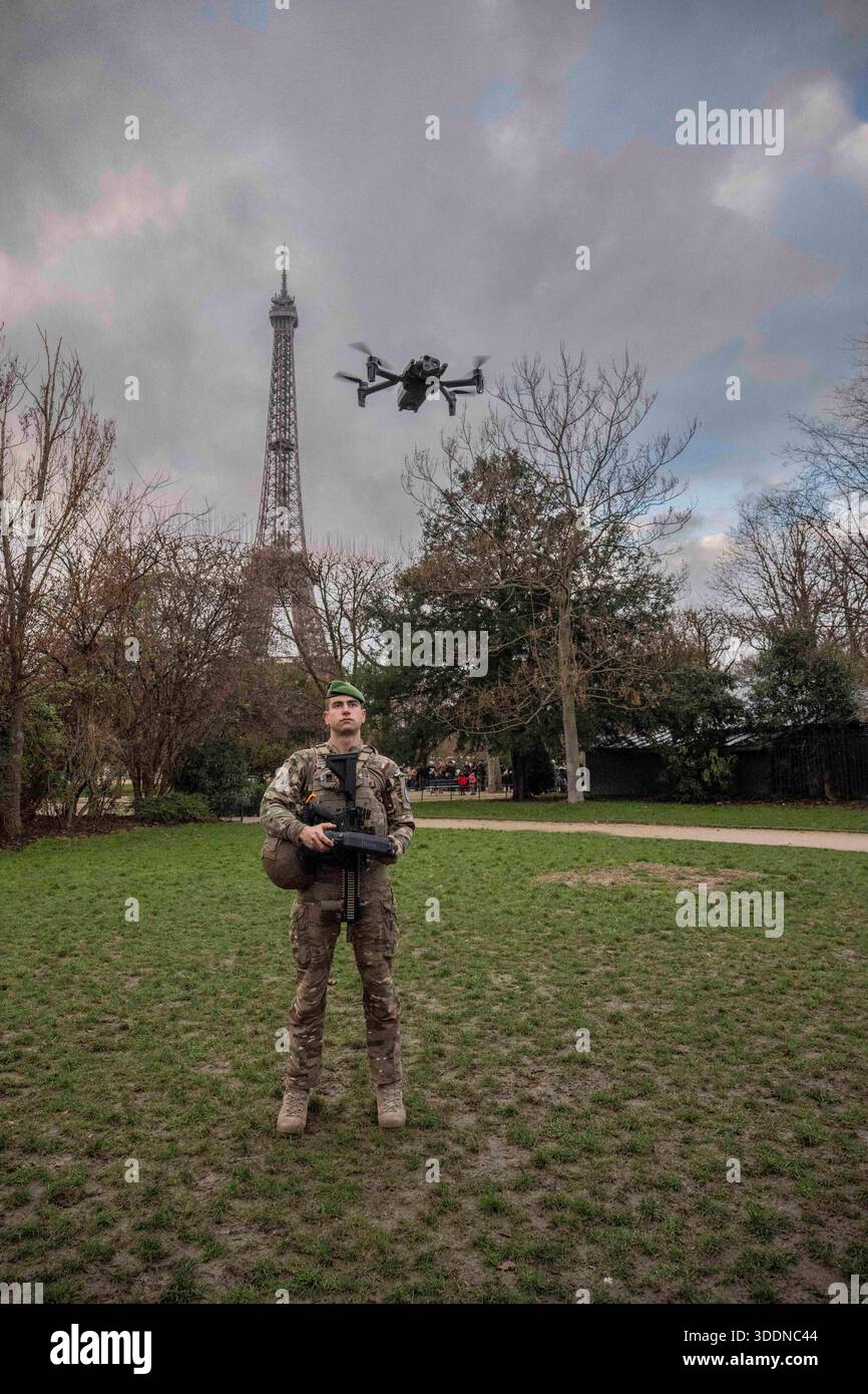 This photo shows a French army drone pilot during a Sentinelle mission ...