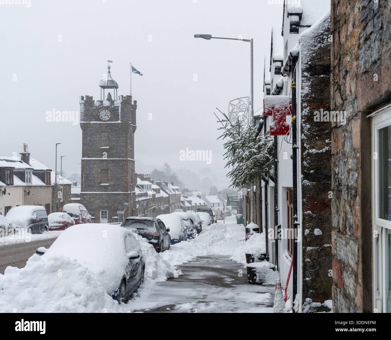 Dufftown in Moray, Scotland is covered in heavy snow after a storm ...