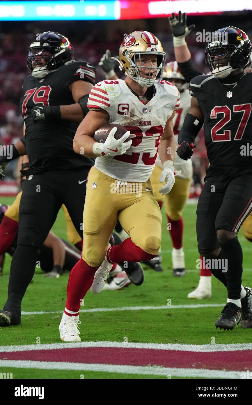 San Francisco 49ers running back Christian McCaffrey (23) against the ...