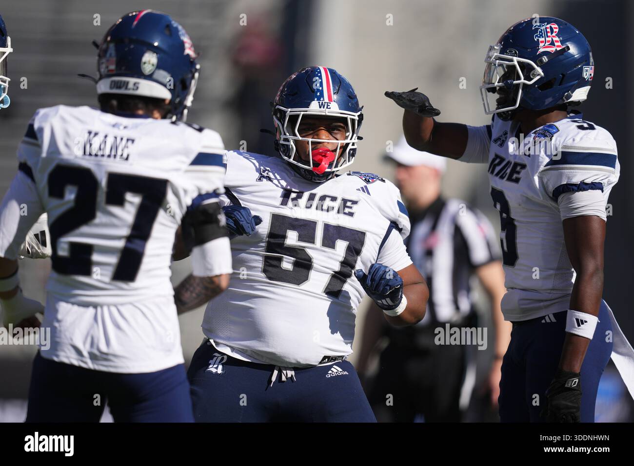 Rice defensive lineman Aquantis Clemmons (57) celebrates a sack with ...
