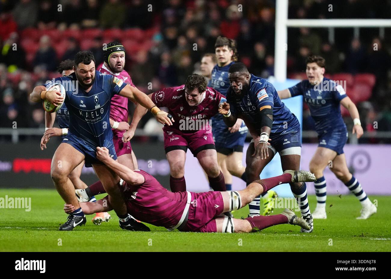 Bristol's Ellis Genge is tackled by Sale's Ernst Van Rhyn during the ...