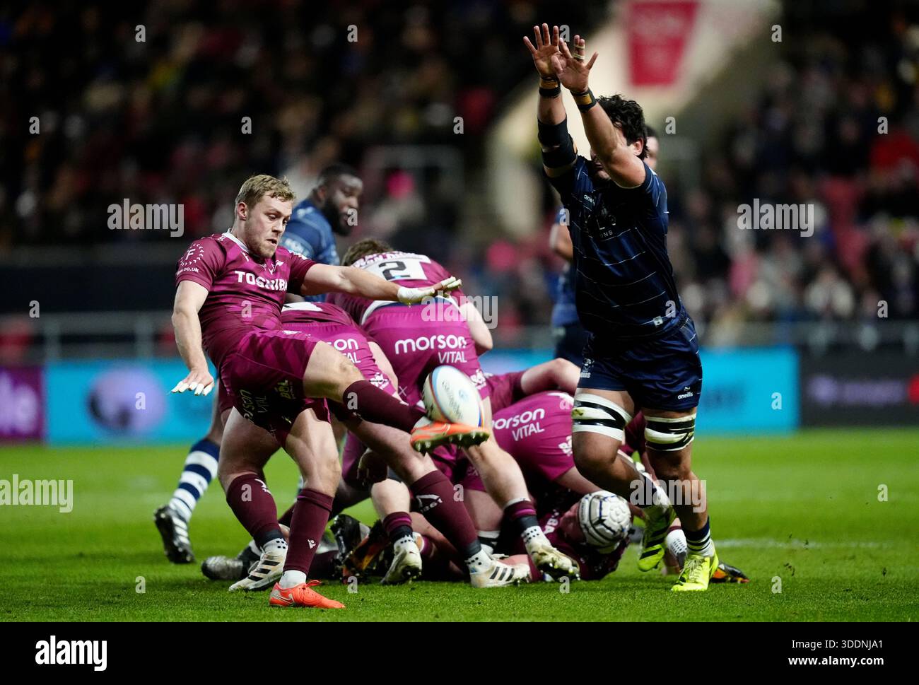 Bristol's Santiago Grondona attempts to block the kick from Sale's Gus ...