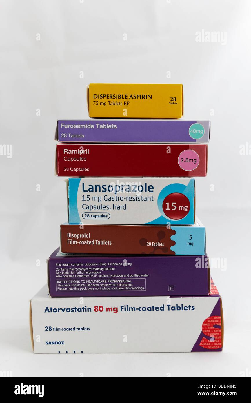 Stack of medication to be taken by a recent heart attack sufferer, UK ...